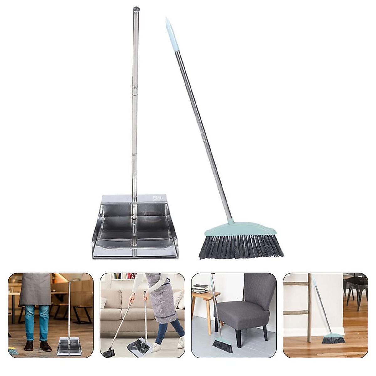 ULTECHNOVO 1 Set Garbage Shovel Cleaning Scraper Long Handle Broom Floor Sweeping Broom Long Handle Dust Pan Broom and Dust Pan Ladlebroom Home Stainless Steel Office Dustpan Indoor