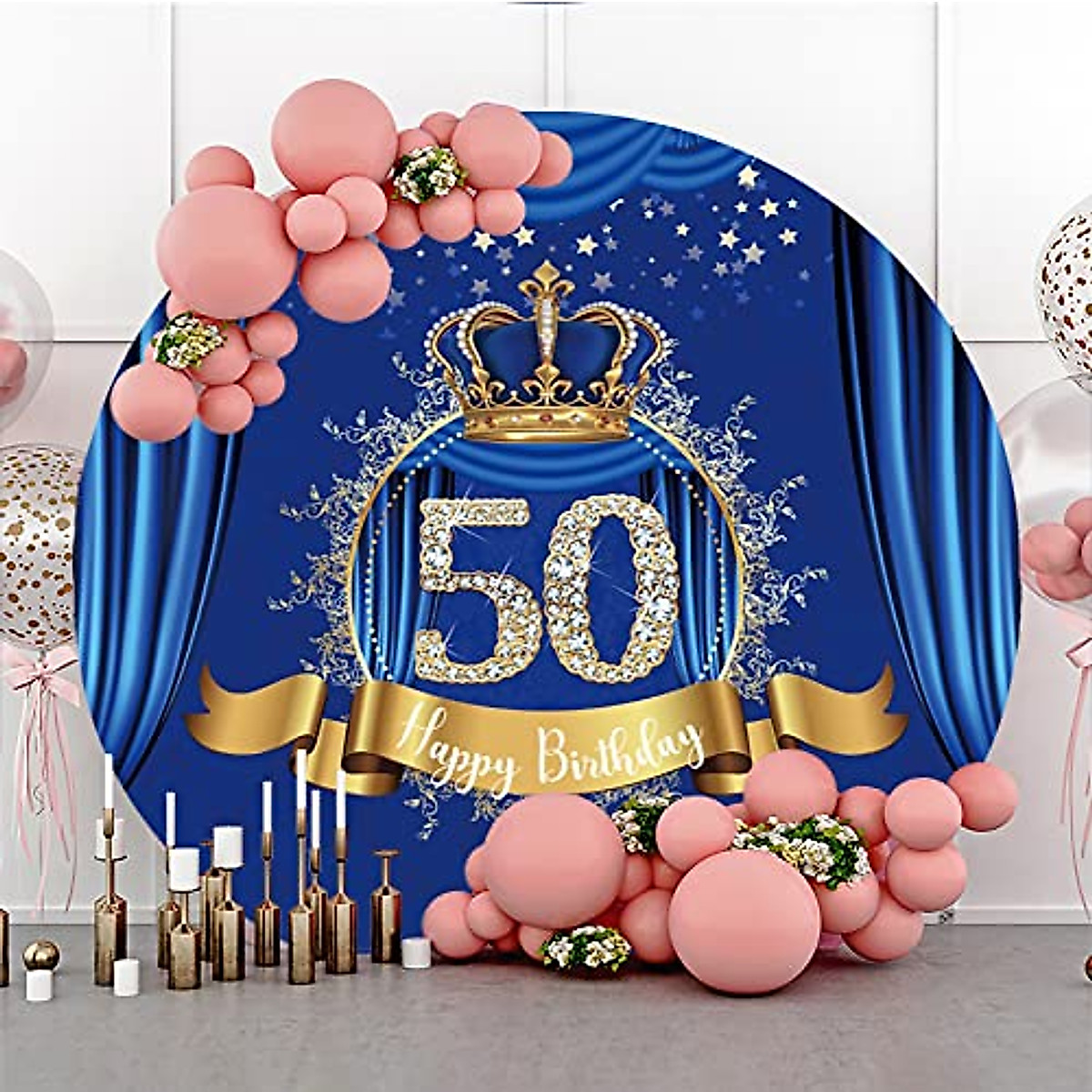 Leyiyi 6.5x6.5ft Happy 50th Birthday Round Backdrop Royal Blue Curtain Drapes Luxury Golden King Crown Photography Background Prince Men Fifty Birthday Party Decor Banner Photo Booth Props