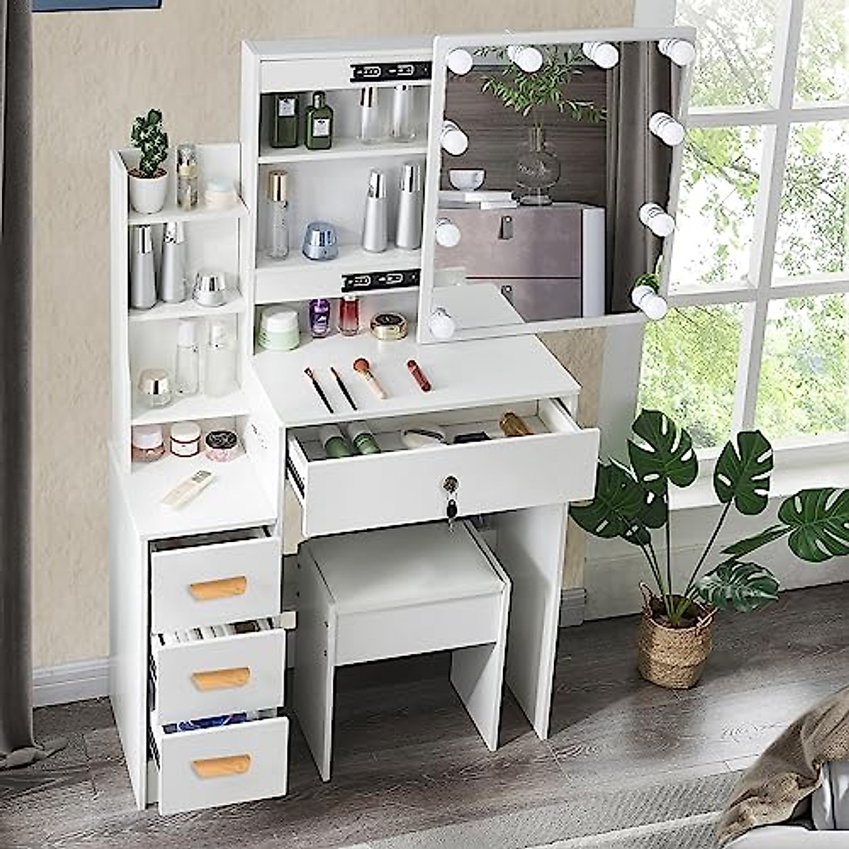 Makeup Vanity with Lights and Charging Station,Lighted Mirror Vanity with 3 Lighting Modes,Vanity Desk with 4 Drawers & Cushioned Stool,Modern Vanity Table for Girls Bedroom,White