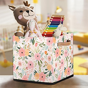 Piolysio Pink Flowers 13 Inch Storage Cube Bins Fabric Storage Bin with Leather Handles Foldable Storage Organizer Baskets for Closet, Shelves, Bedroom, Living Room