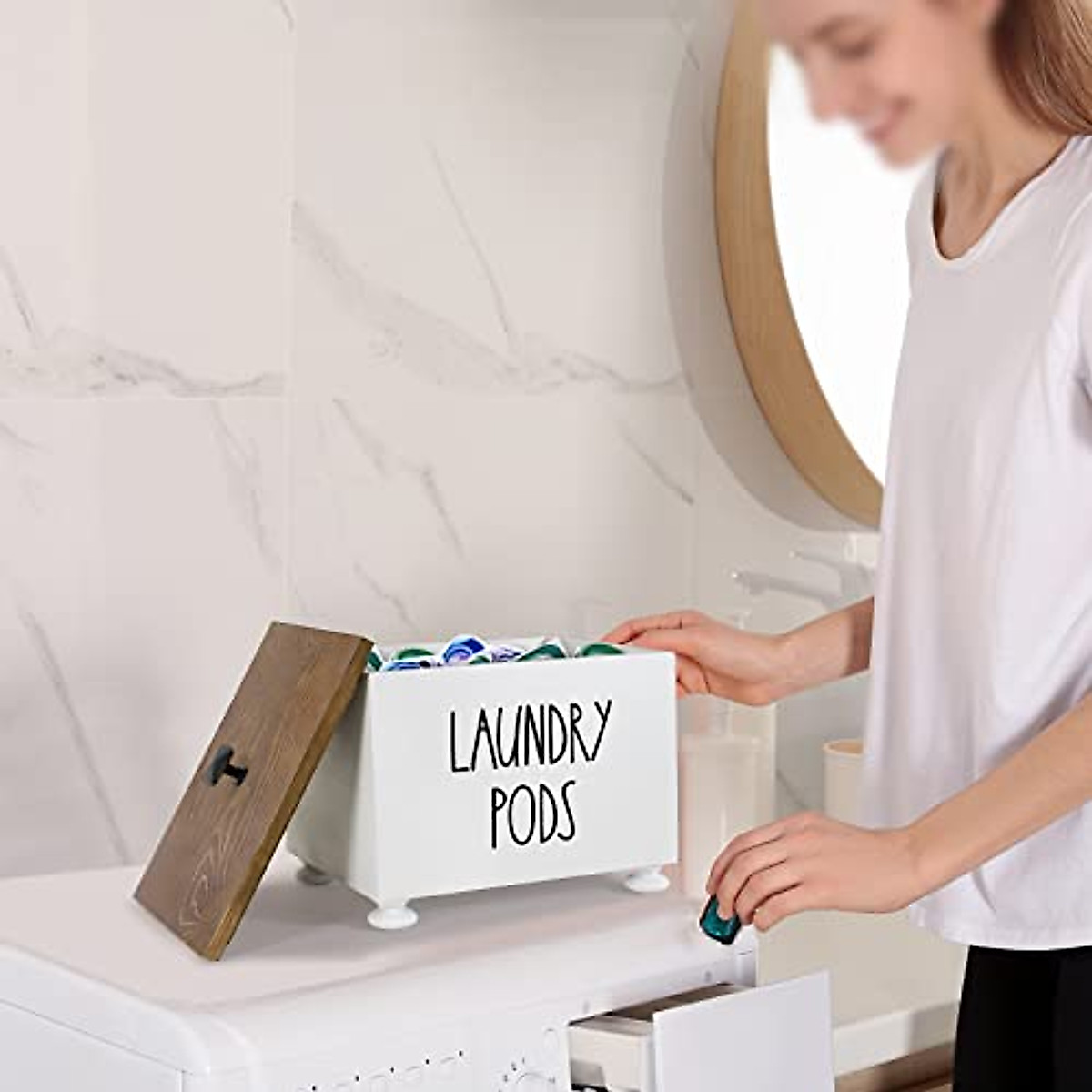 Rustic Wood Laundry Pods Holder Container with Lid for Laundry Room Decor and Accessories, Laundry Detergent Pod Holder Storage Dispenser, Space Saving Laundry Room Organization and Storage