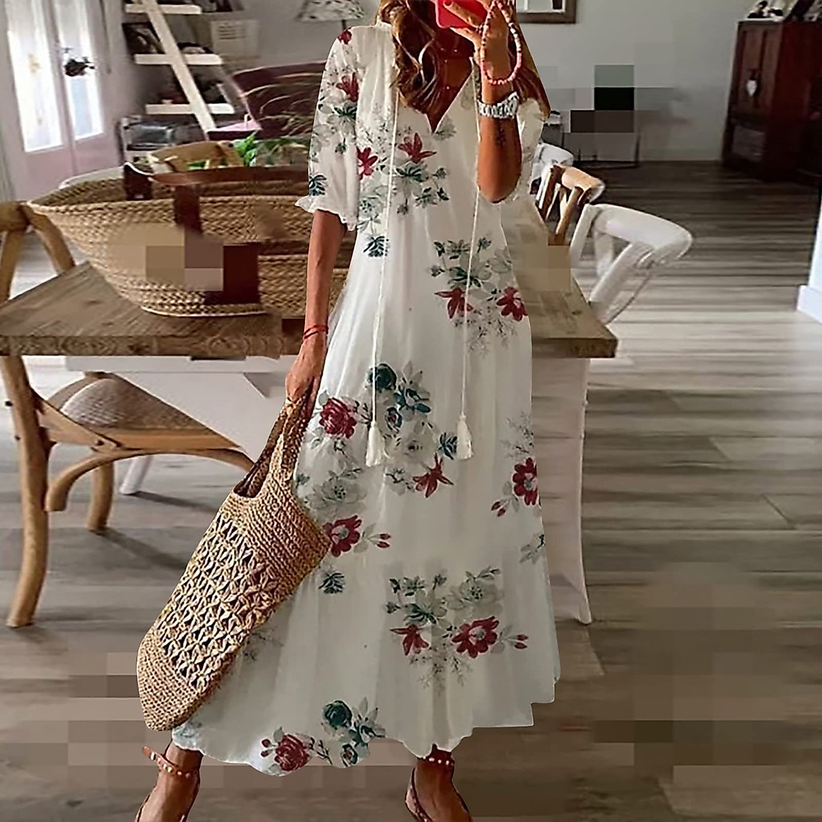 Cnebo Birthday Dresses for Women Sexy Plus Size New Women's Medium and Long Sleeve Dress with Tassels Wide Bohemian Print V White