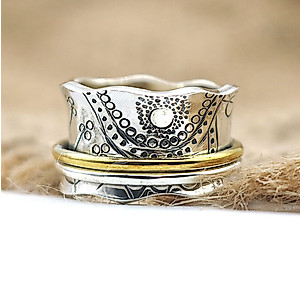 ENERGY STONE Sun Worship Far East Styling Sterling Silver Meditation Spinner Ring for Women with Brass and Silver Spinners (Style US14) (8)