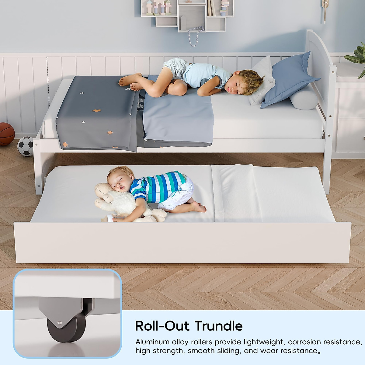 TOLEAD Daybed with Trundle, Twin Size Pull Out Bed, Solid Wood Extendable Day Bed with Trundle Bed Twin, Include Slat Support (White, Trundle)