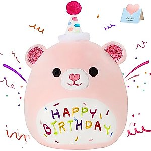 BSTAOFY Pink Happy Birthday Teddy Bear Soft Plush Pillow Birthday Stuffed Animals Squishy Pillows Gifts for Toddler Kids Girls Birthday Party Decrations, 12''