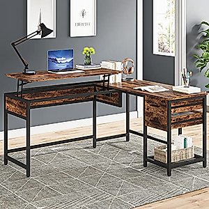 Tribesigns L Shaped Desk with Drawers, Corner Desk with Lift Top, 59 Inch Large Computer Desk, Standing Desk Height Adjustable with Storage Shelf for Home Office, Rustic Brown