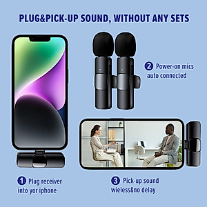 ASILEX Wireless Microphone for iPhone, 2 PCS Mini Microphone, iPhone Microphone for Video Recording, Wireless Lavalier Mic iPhone, Professional Wireless Lapel Microphone