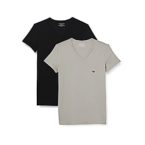 Emporio Armani Men's 2 Pack V-Neck T-Shirts, Multicoloured, Large