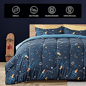 SLEEP ZONE Kids Twin Bedding Comforter Set - Super Cute & Soft Kids Bedding 5 Pieces Set with Comforter, Sheet, Pillowcase & Sham (Space Rocket)
