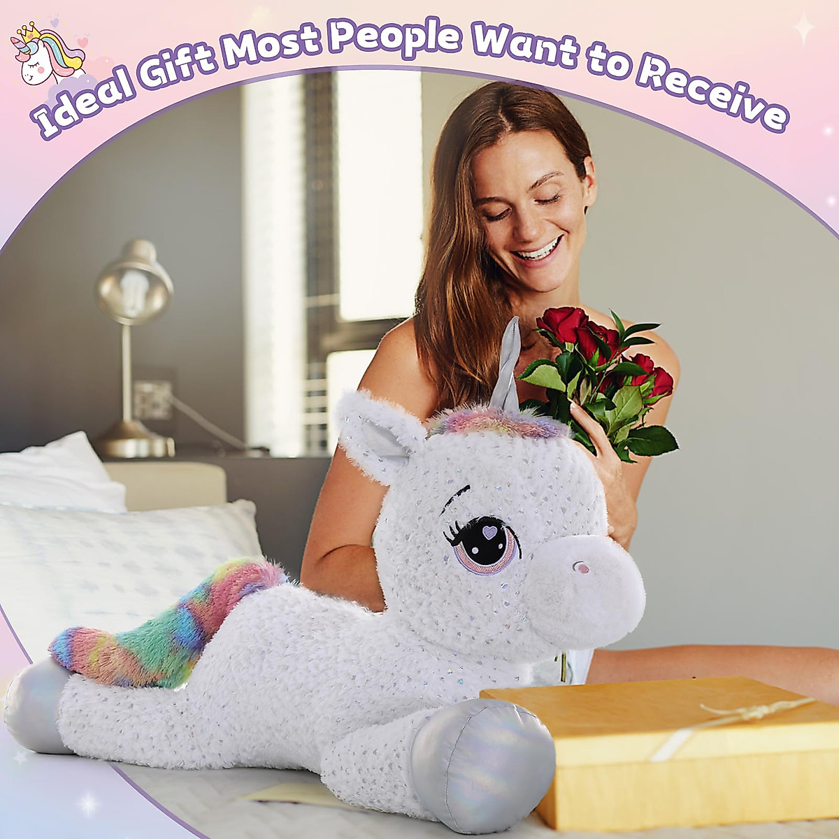 MaoGoLan 43" Big Large Jumbo Unicorn Stuffed Animal, Giant Animal Plush Pillow Plush Toy, Fluffy Unicorn Body Pillow Gift for Christmas Birthday Valentine's Day White with Sequin