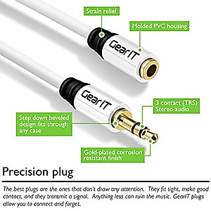 50ft 3.5mm Extension Cable, GearIT Pro Series Preminun Gold Plated 50 Feet 3.5mm Auxiliary Audio Stereo Extension Male to Female Cable, White