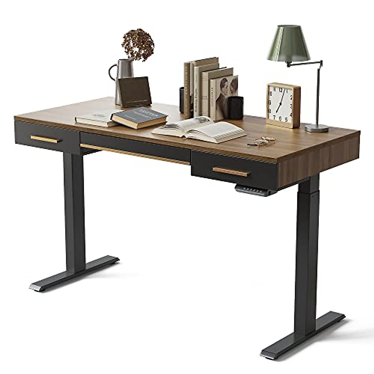 FEZIBO 55 x 26 Inches Mid-Century Modern Electric Standing Desk with 3 Drawers, Whole-Piece Stand Up Home Office Desks, Vintage Top/Black Frame（2 Packages）