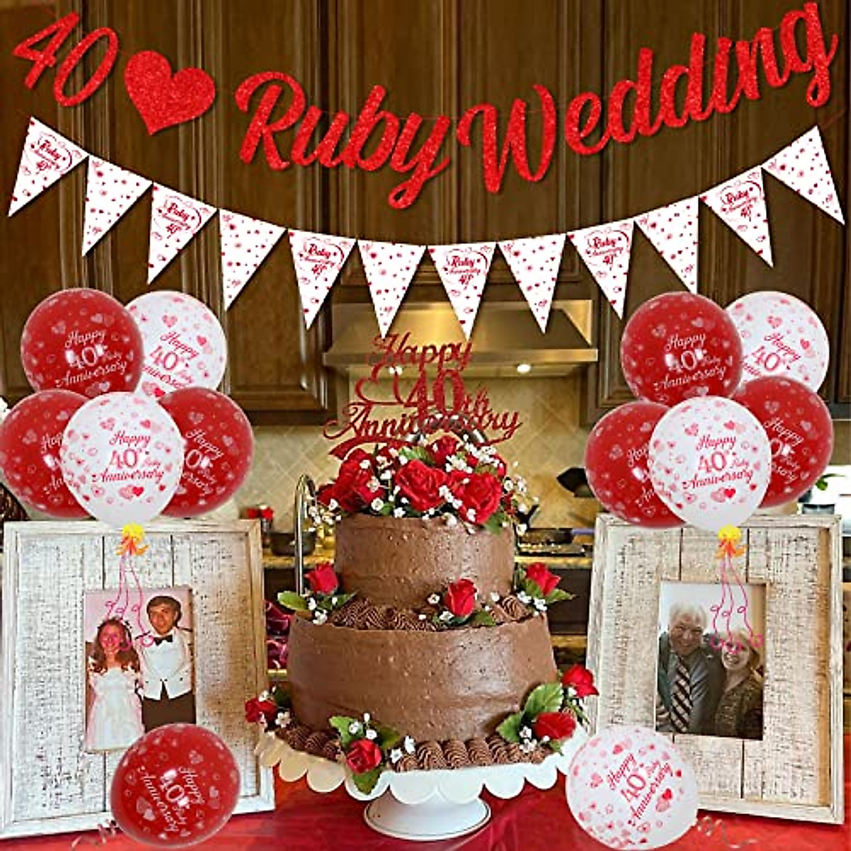 40th Anniversary Decorations Set, 40th Ruby Wedding Glitter Banners, 40th Anniversary Bunting Flag and Balloons for 40th Anniversary Party Supplies
