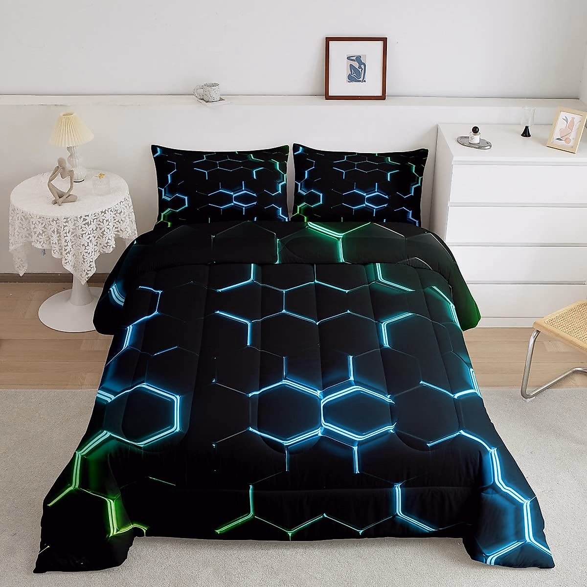 Teal Blue and Black Print Comforter Set Hexagonal Bedding Set Kids Boys Teens Honeycomb Decor Comforter Beehive Geometric Quilt Set Bedroom Collection 3Pcs Full Size