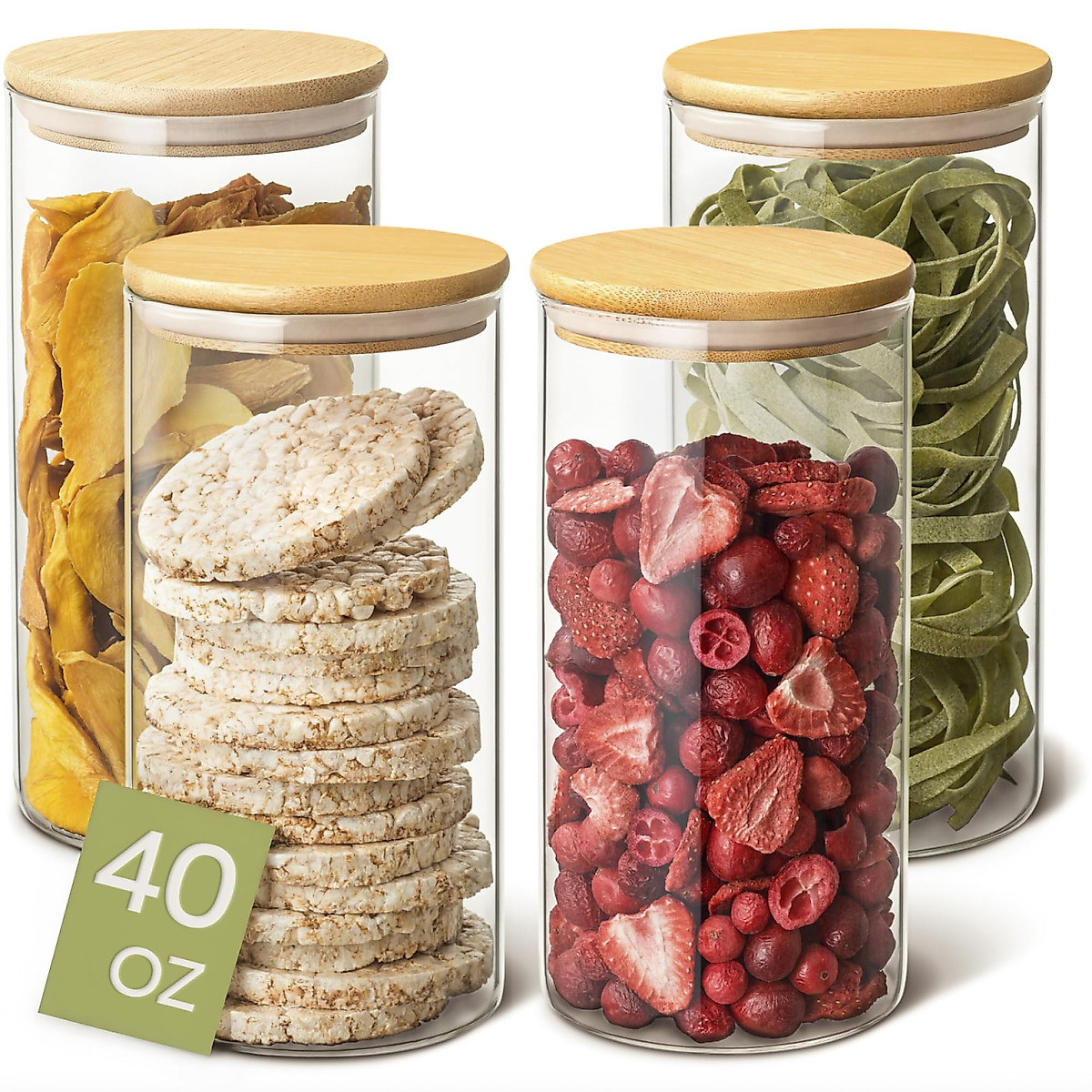 Praknu Glass Food Storage Jars 40oz - Set of 4 Airtight Storage Container with Bamboo Lid - Clear Borosilicate Glass - Dishwasher Safe - Pantry Storage Containers