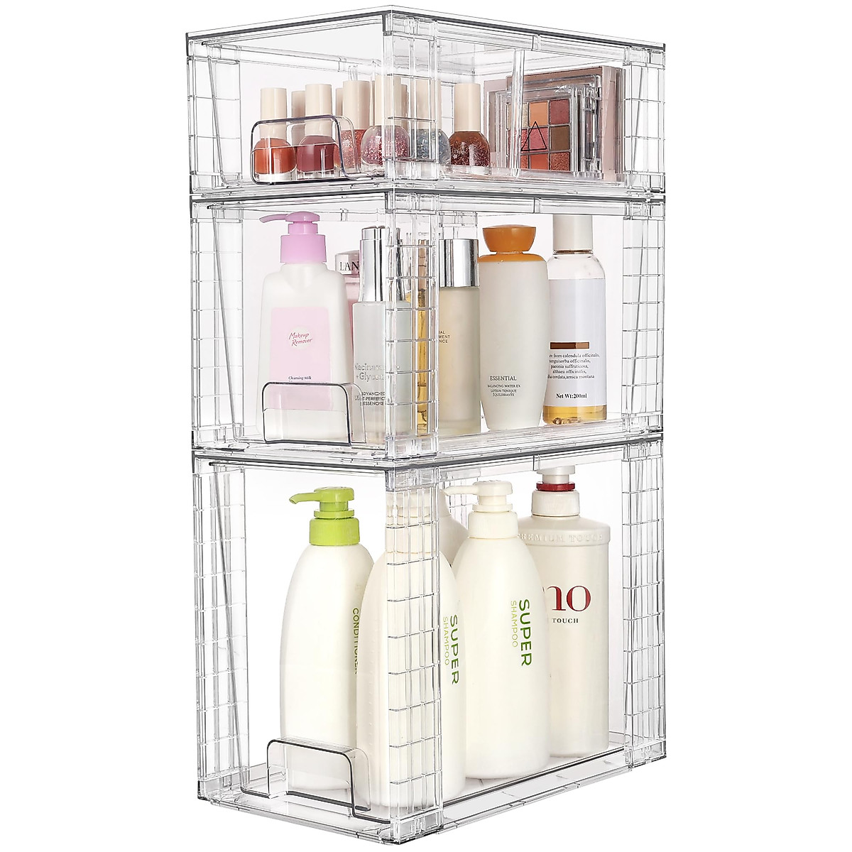 Vtopmart 3 Pack Clear Stackable Storage Drawers,Easy to Assemble Bathroom Organizers and Storage with handles,Plastic storage drawers for Kitchen Pantry,Cabinet,Under Sink Organization