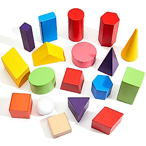 18 Pcs 3D Shapes Geometric Solids Wooden Large Size Colorful Geometric Shapes Blocks Set Montessori Learning Toys Multicolored Pattern Blocks Solid for Preschool Elementary Home School Supplies