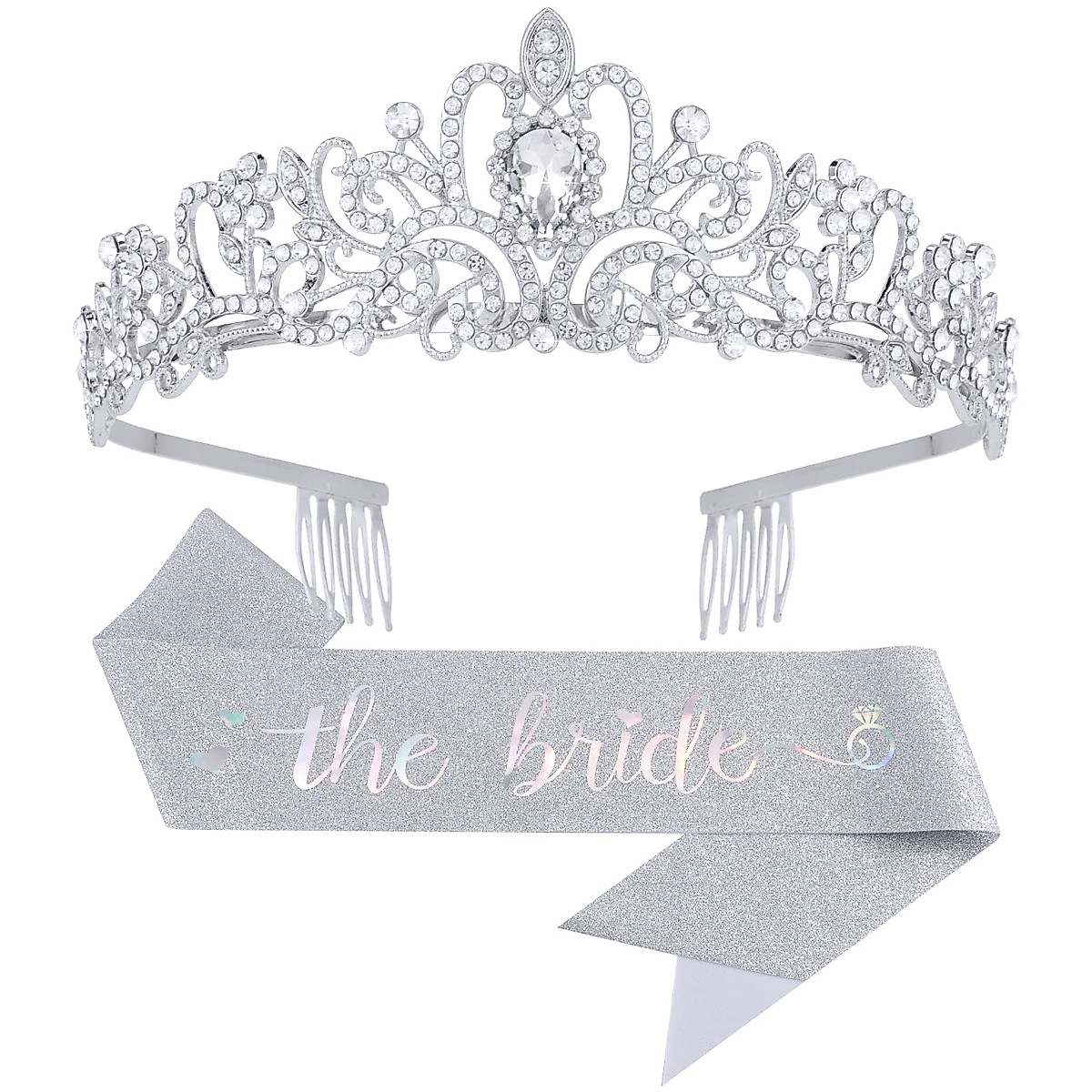 Crystal Crown and Silver Sash Kit, Bridal Shower Decorations Bachelorette Party Favors, Wedding Tiara and Glitter Sash for Bride