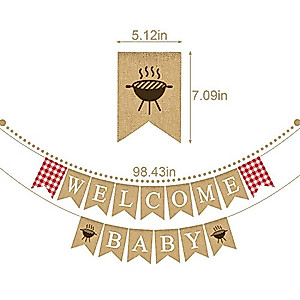 Rainlemon Jute Burlap Welcome Baby Banner with Grill BBQ Theme Baby Shower Party Garland Decoration