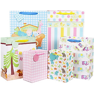 12 Pcs Baby Gift Bags, Large, Medium and Small Gift Bags Assortment for Baby Shower, Birthday, Parties, Baby Girl, and Baby Boy (Assorted Sizes)