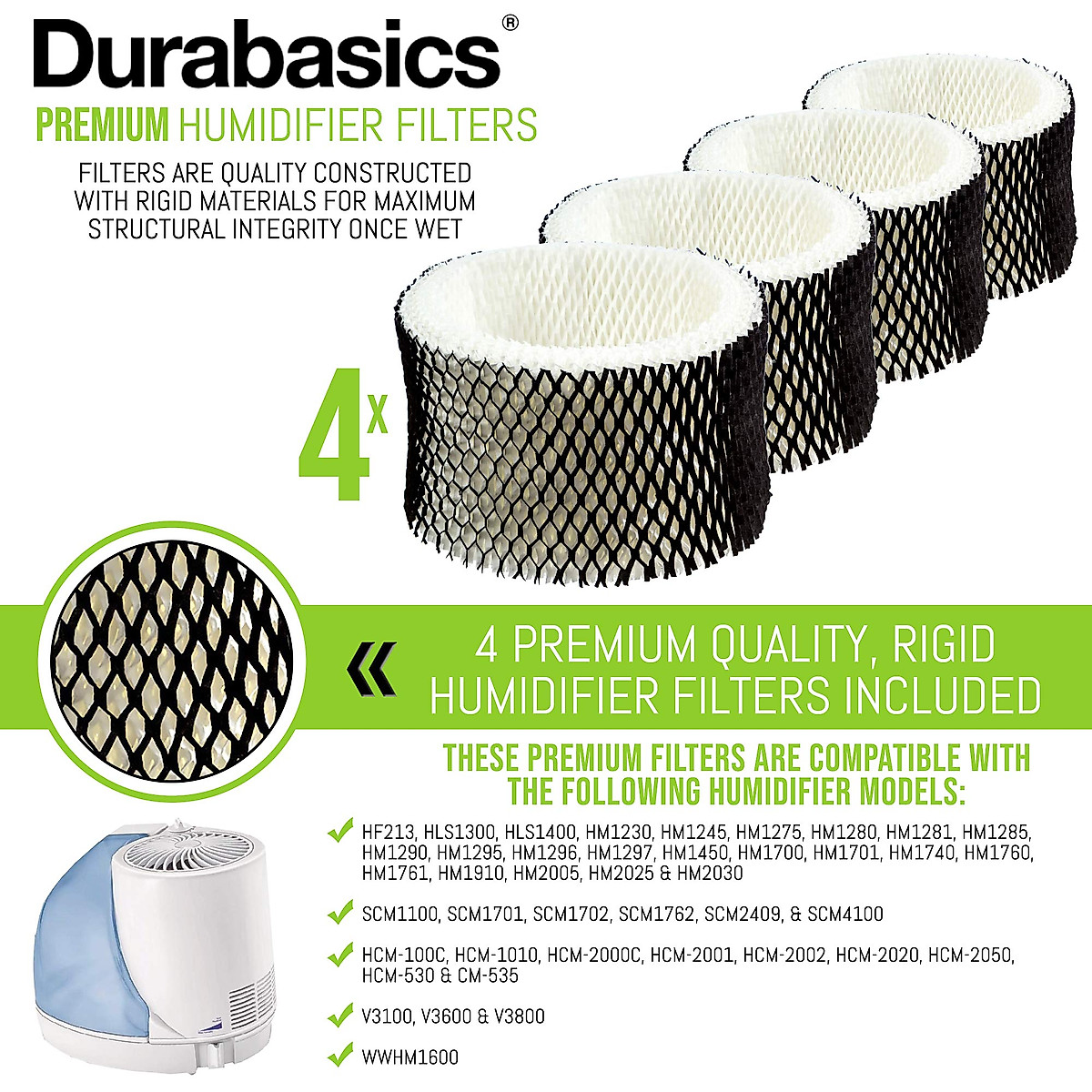 Durabasics 4 Pack Compatible Holmes HWF62 Humidifier Filter, Replacement for Holmes Humidifier Filter HWF62, Holmes A Filter Compatible, Compatible with Humidifier Filters Sunbeam Humidifier Filter A