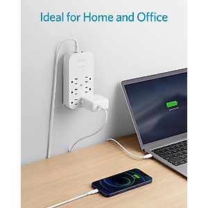 Anker Outlet Extender and USB Wall Charger, 6 Outlets and 2 USB Ports, 20W USB C Power Delivery High-Speed Charging iPhone 15/15 Plus/15 Pro/15 Pro Max, Multi-Plug for Dorm, Home, and Office, White