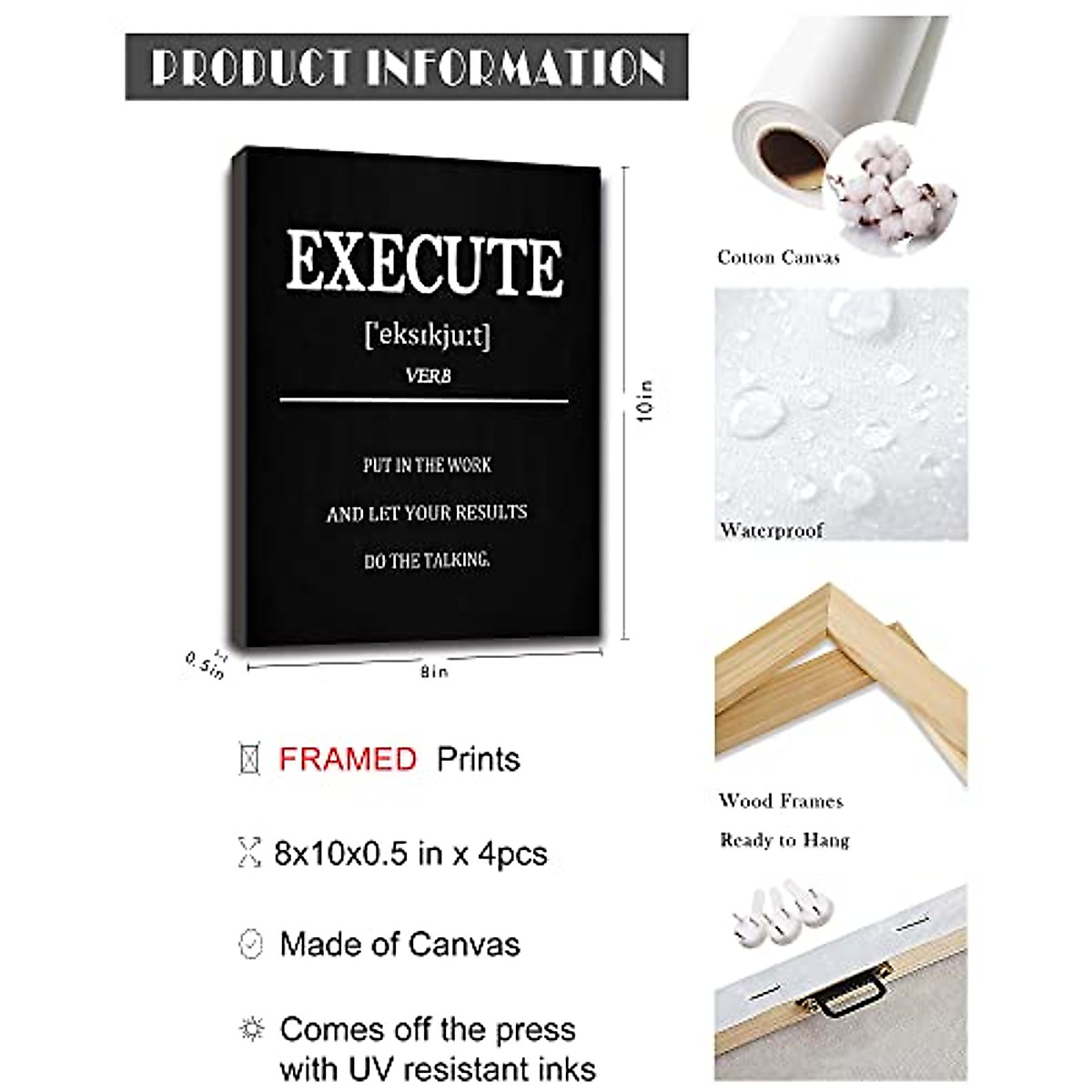 Inspirational Office Canvas Wall Art with Wooden Frames | Motivational Wall Decor for Office | Positive Affirmations Quotes Wall Art for Living Room | Encouraging Posters for Bedroom | Sayings for Wall Decor | 8” x10” x4 PCS (Wood Frames)