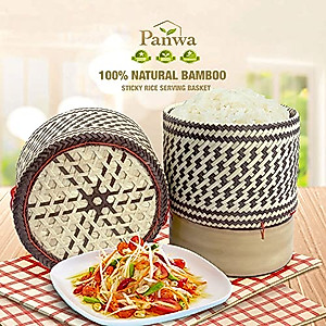 PANWA Combo Sticky Rice Cooking Set Aluminum Cook Pot Diameter 8 1/2" (22 cm) Thai Bamboo“Village Vintage” Steamer Basket 9 Inch Diameter with 24’’ Cheesecloth, and Kratip Container Chocolate Toned