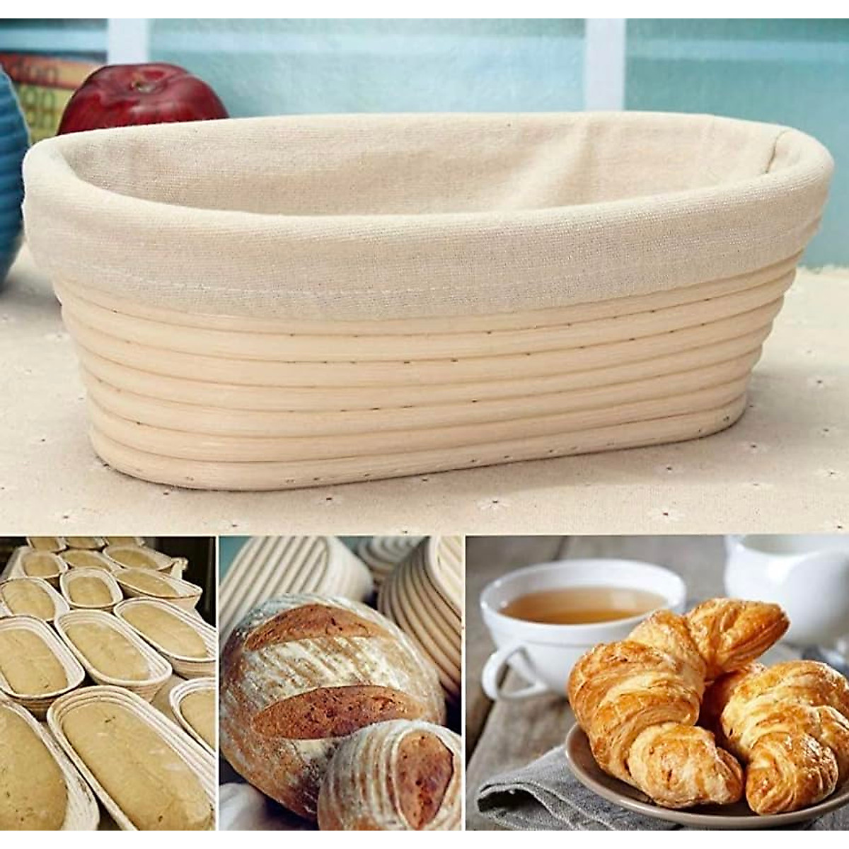 Bread Banneton Proofing Basket Set of 2,10 Inch Oval Cane Sourdough Baskets with Lame + Dough Scraper Linen Liner Basting Brush for Making Baking