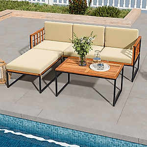 Tangkula 5 Piece Patio Furniture Set, Acacia Wood Sectional Set with Heavy-Duty Metal Frame, Comfy Seat & Back Cushions, Outdoor Wood Conversation Chair Set for Poolside, Porch, Backyard (Beige)