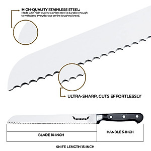 RIMHAWK Bread Knife 10inch Serrated Bread Knife for Homemade Bread, Ultra-Sharp Stainless Steel Serrated Bread Knives and 5inch Ergonomic Handle