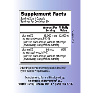 Relentless Improvement Vitamin K2 MK4 Plus MK7 Vegan Naturally-Derived Vege-Caps 90 Count