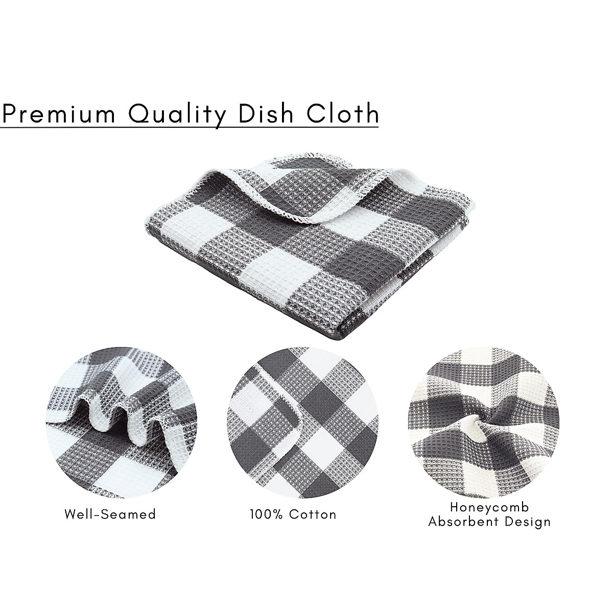 PurpleEssences Waffle Weave Plaid Dish Cloths, 100% Cotton - 12 x 12 Inches, Ultra Soft Absorbent Quick Drying Dish Towels Buffalo Check Dish Rags for Kitchen, 8-Pack - Grey & White