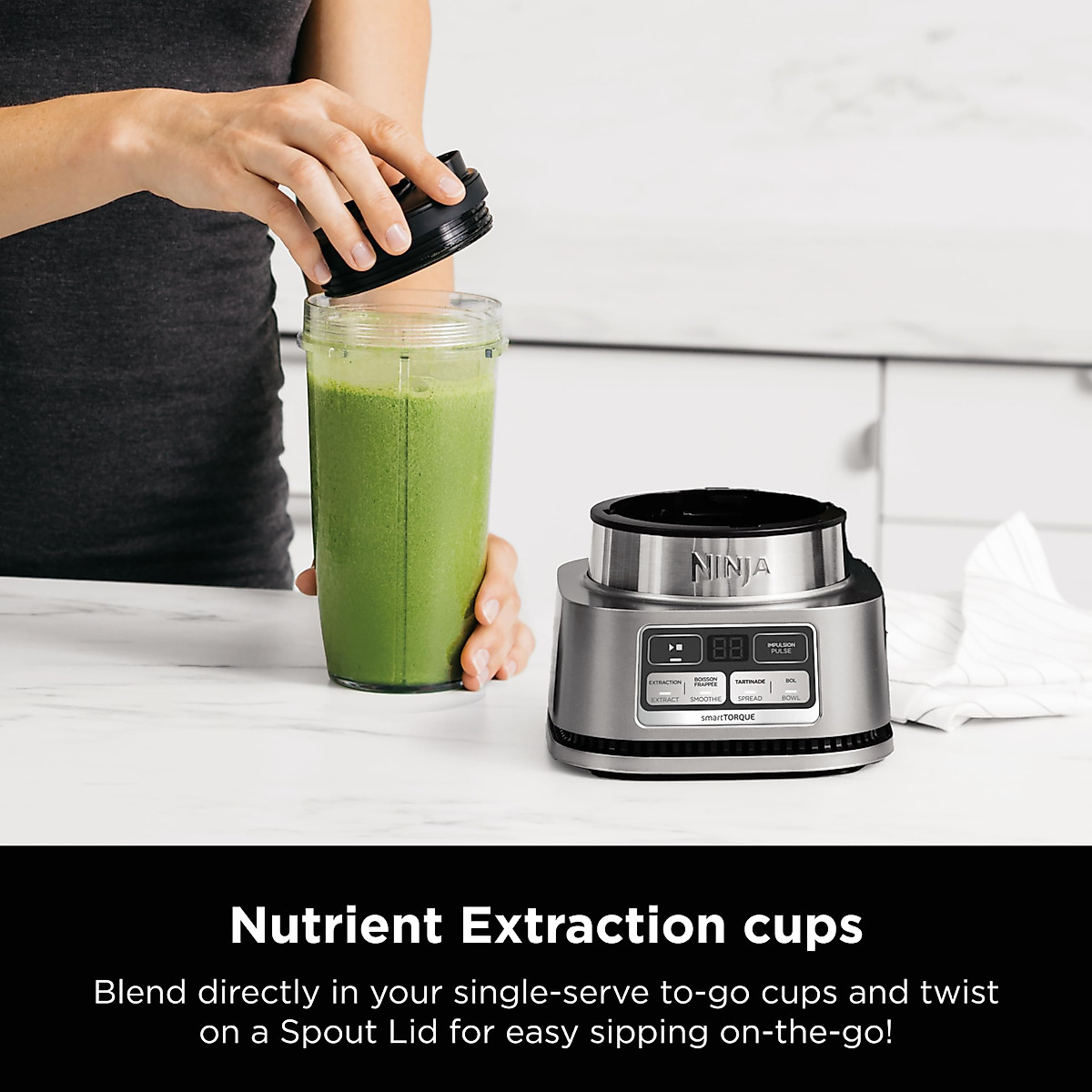 Ninja SS101 Foodi Smoothie Maker & Nutrient Extractor* 1200 WP, 6 Functions Smoothies, Extractions*, Spreads, smartTORQUE, 14-oz. Smoothie Maker, (2) To-Go Cups & Lids, Silver