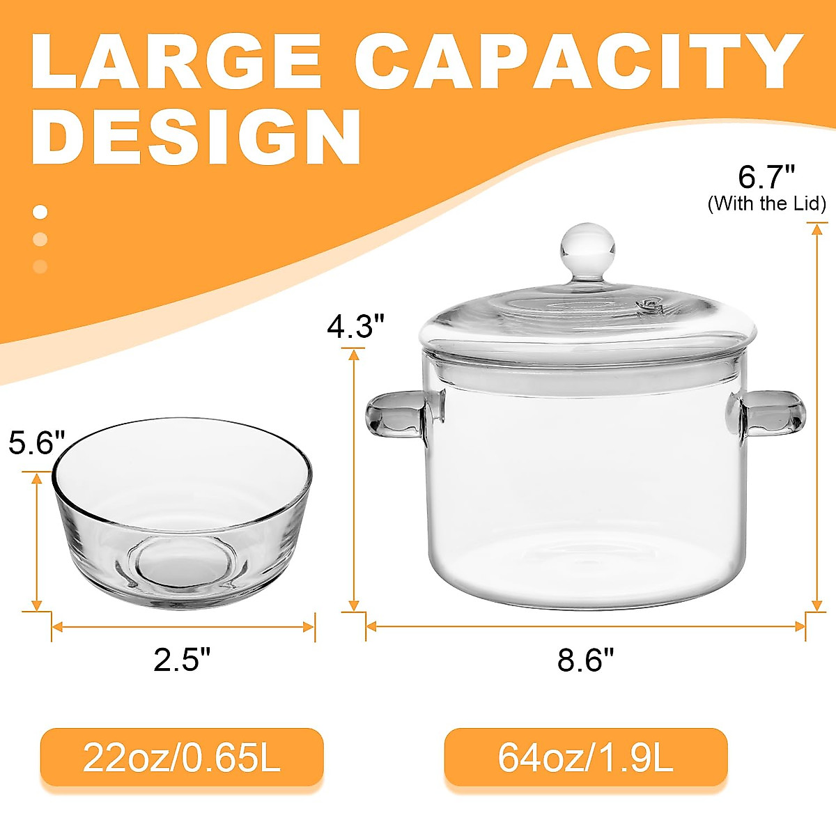 Glass Cooking Pot with Lid and Serving Bowl Set (64OZ/1.9L) - Durable Glass Simmer Pot for Stove Top - Clear Pots for Cooking, Potpourri, Pasta, Soup, Ramen, ect (Comes with Silicone Trivet Mat)