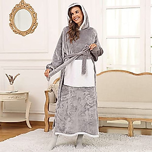 CareGabi Wearable Blanket Hoodie, Plush Flannel Sherpa Hooded Blanket with Giant Pocket, Long Blanket Sweatshirt for Women and Men, Grey