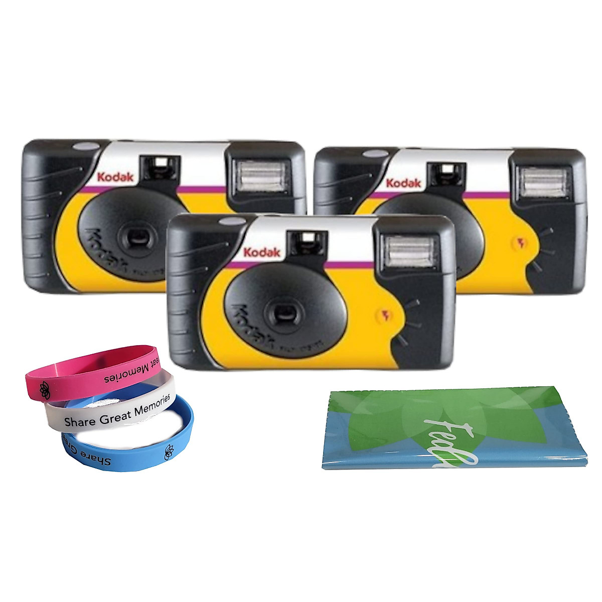 Kodak Power Flash Disposable Single Use Camera 800 ISO 35mm with Flash 27 Exposures (Multi Pack) Plus Bonus Silicone Wrist Band and a Microfiber Cleaning Cloth (3 Pack)