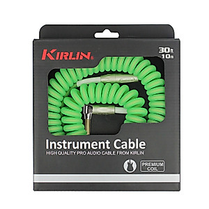 KIRLIN Cable Kirlin IMK-202PFGL-30/GRF-Straight to Right Angle ¼” Premium Coil Instrument Cable, Green Translucent PVC Jacket-30ft, 1/4" Mono Plug, (IMK-202PFGL-30/GRF)