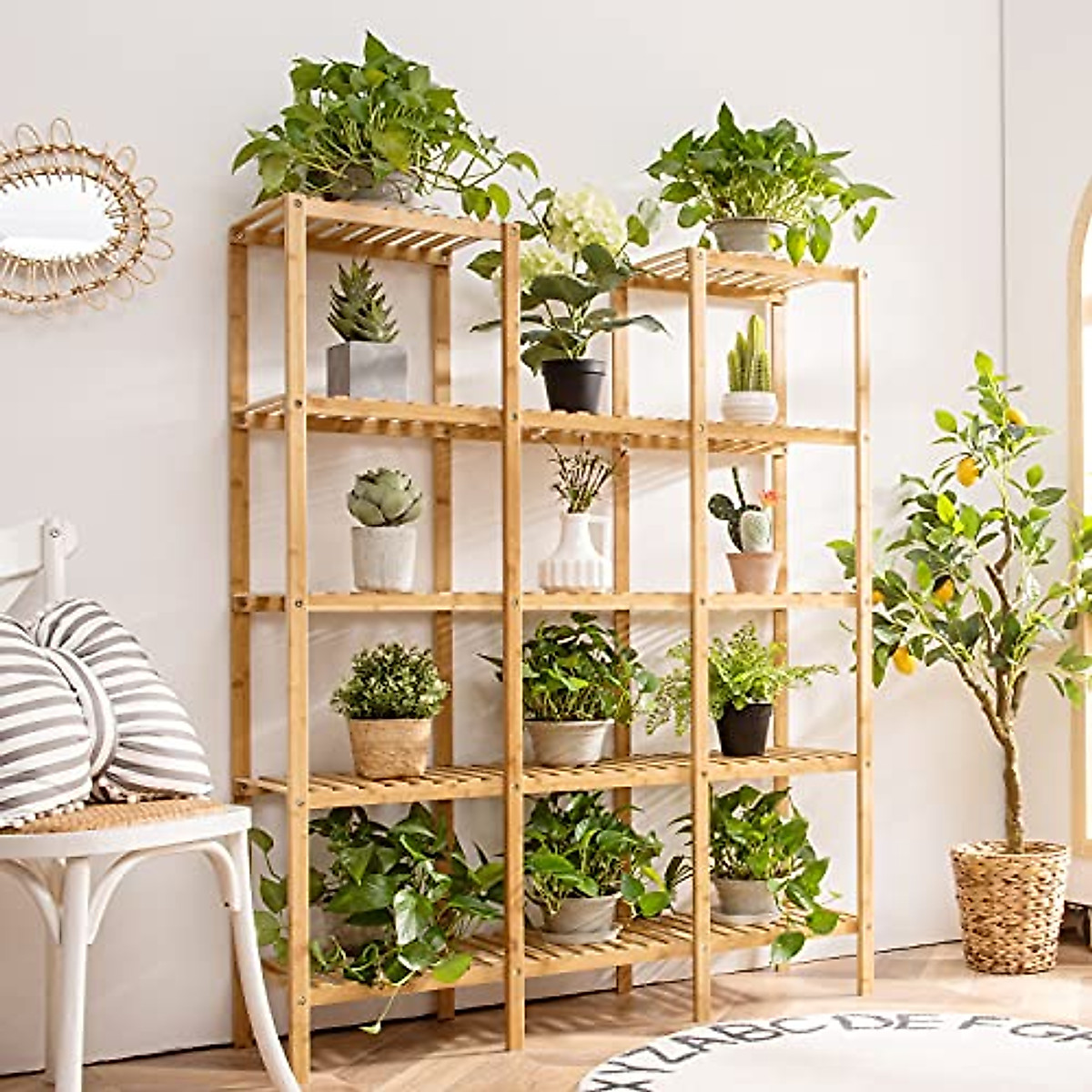 COSTWAY Plant Stand Indoor, 5-Tier Bamboo Plant Display Organizer with Stand for Multiple Plants, Plant Shelf Outdoor for Window, Garden, Balcony, Living Room
