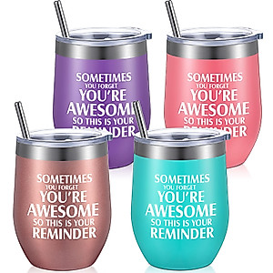 Sieral 4 Pcs Thank You Gifts for Women Appreciation Wine Tumbler Staff Employee Teacher Inspirational Birthday Graduation Are Awesome with Straw Stainless Steel Insulated 12 oz, Multicolor