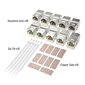 10-Pack RJ45 CAT 7 Tool-Less STP Shielded Keystone Jack, AMPCOM Self-Locking Cat7 Keystone Zinc Alloy Module Adapter No Punch-Down Tool Required Coupler for Wall Plate