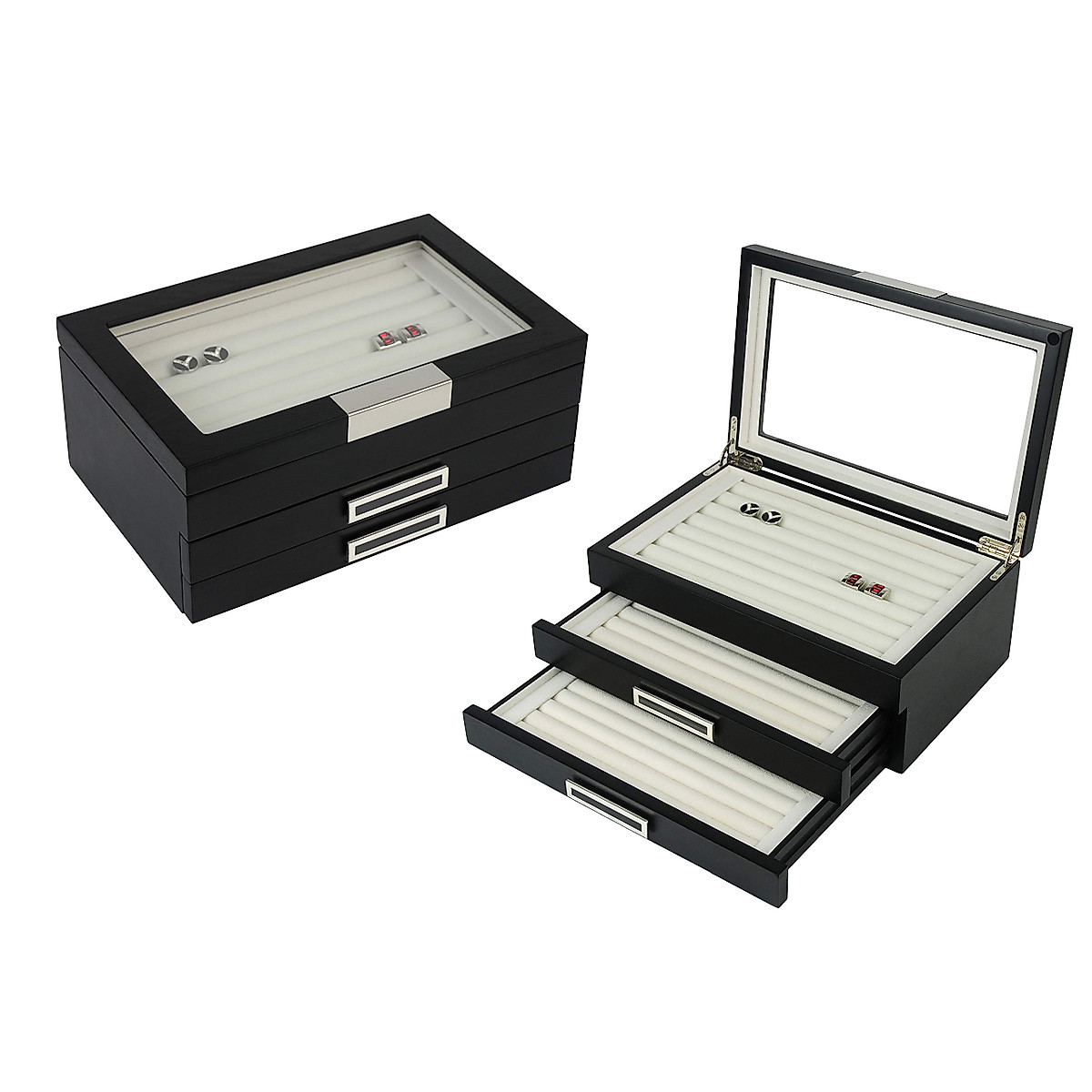 TIMELYBUYS Black Ebony Wood Cufflink Case & Ring Storage Organizer with Stainless Steel Engravable Design Accent Men's Jewelry Box for 108 Cufflinks