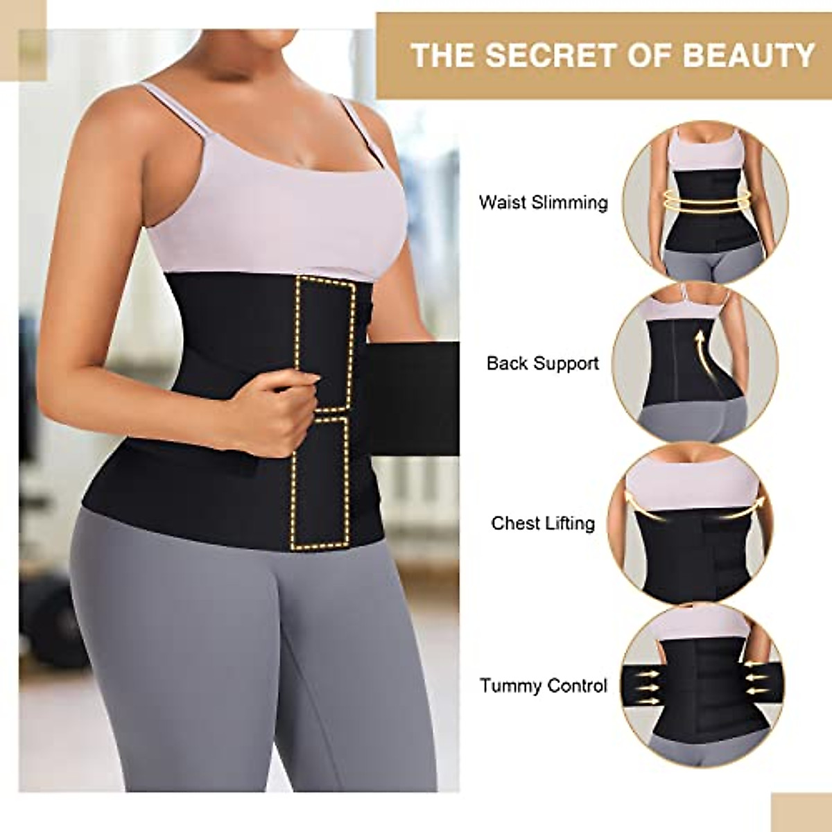 FeelinGirl Waist Trainer for Women Sauna Belt Tummy Wrap Underbust Latex Sport Girdle with Velcro Hourglass Faja Body Shaper Black