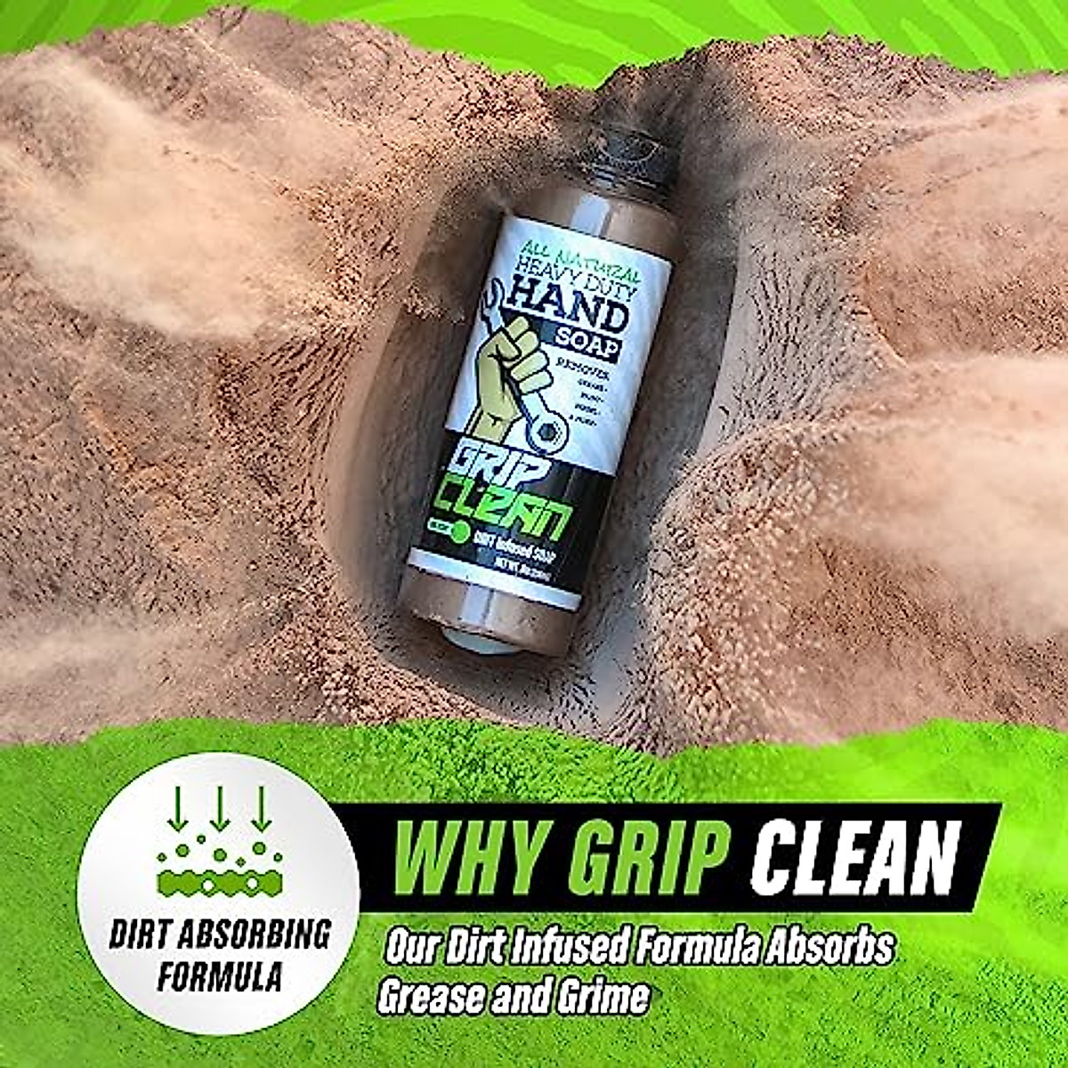 Grip Clean | Degreaser Hand Cleaner for Auto Mechanics - Dirt-Infused Liquid Hand Soap Absorbs Grease, Oil, & Odors. Natural Heavy Duty Pumice Soap with Moisturizing Ingredients. Lime Scented.