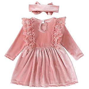Toddler Velvet Dress Long Sleeve Velvet Tutu Dresses Baby Girls Velvet Ruffle A-Line Dress Infant Princess Christmas Birthday Wedding Velvet Party Fall Winter Outfit Light Pink 6-9 Months