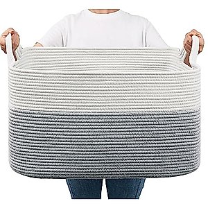 Goodpick Large Toy Storage Basket, 65L Grey Cotton Rope Basket Toy Storage Bin for Baby, Kids, Woven Storage Basket with Handle for Laundry, Living Room, Nursery, Bedroom, 21.6" x 14.9" x 11.8"