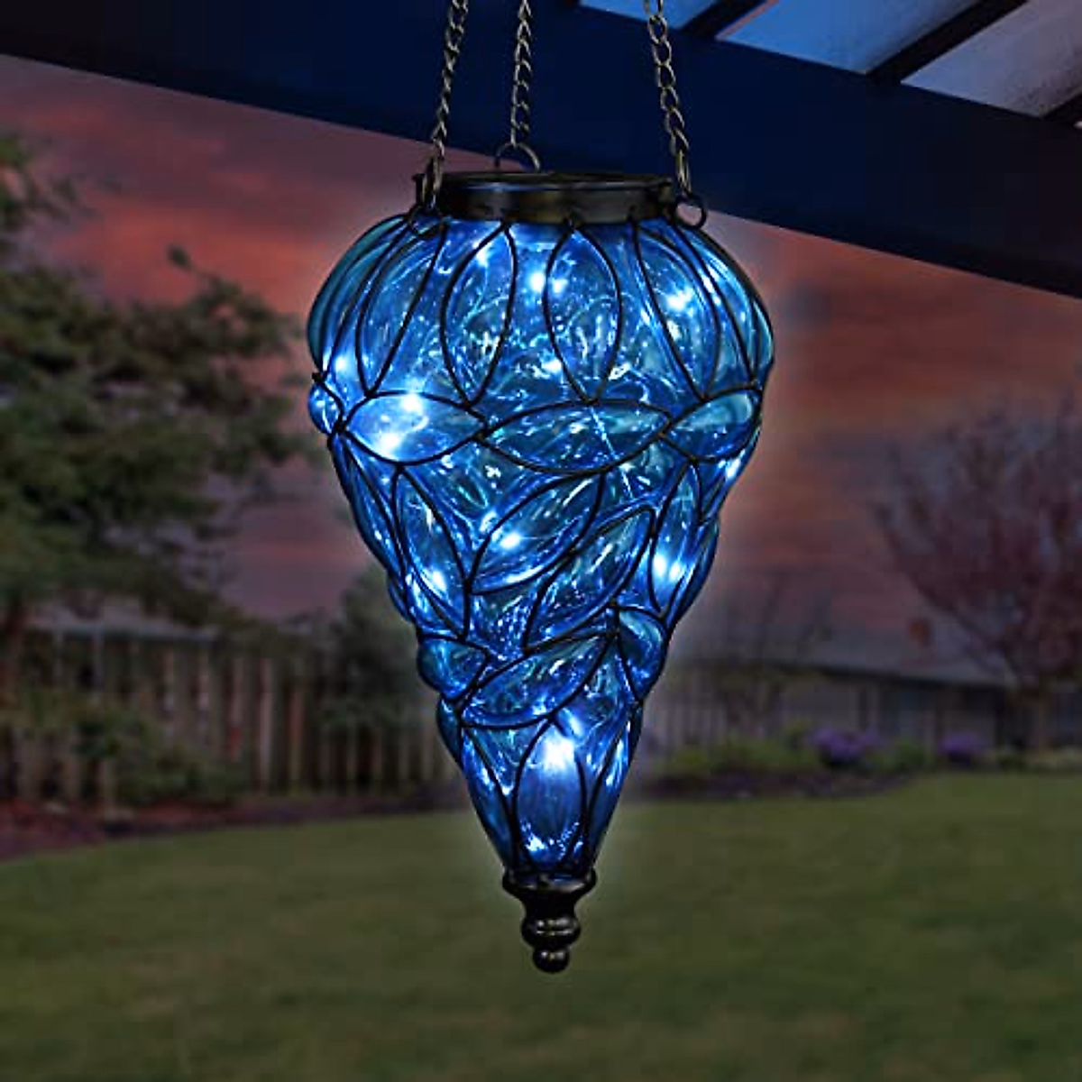 Exhart Outdoor Garden Solar Lights, Tear-Shaped Glass and Metal Hanging Lantern, 15 Firefly LED Lights, 7 x 24 Inch, Blue