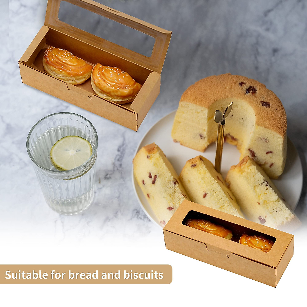 KEJJNYER 50 Pack Kraft Mcaron Boxes for 6, 8x3x2 in Chocolate Covered Strawberry Boxes with Window Mcaron Bakery Cookie Containers for Party Wedding with Ribbon