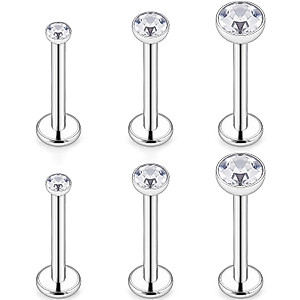 SCERRING 3 Pairs 14g Stainless Steel 2mm 3mm 4mm Jeweled Clear CZ Internally Threaded Labret Monroe Lip Tragus Daith Cartilage Helix Earring Ring Body Piercing Jewelry 8mm - Silver