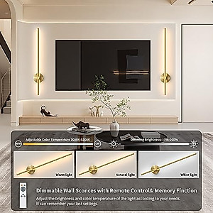 Gednbo Remote Control Dimmable Modern Wall Sconce Set of Two, Multicolor, DIY 350° Rotate, Memory Function, Wall Light for Bedroom, Living Room, TV Wall, Game Room, Hardwired (Gold, 31.5 inches)
